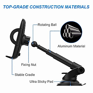 Tewiky Updated Hands-Free Car Phone Mount, Car Phone Holder with Powerful Suction Cup for Car Dashboard and Windshield, Compatible with All Cell Phones