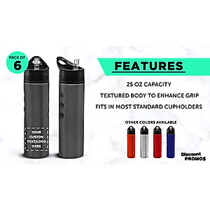 DISCOUNT PROMOS Custom Slim Stainless Steel Water Bottles 25 oz, 6 pack, Personalized Text, Logo, Reusable Gym Sports Bulk Pack, Charcoal