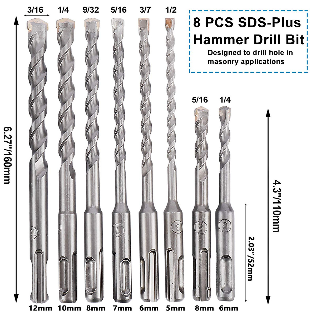 HighFree 11 Pieces SDS Plus Rotary Hammer Drill Bits Set Including Chisels Bits and Carbide Tip Twist Drill Point Bits for Brick, Cement and Concrete Demolition