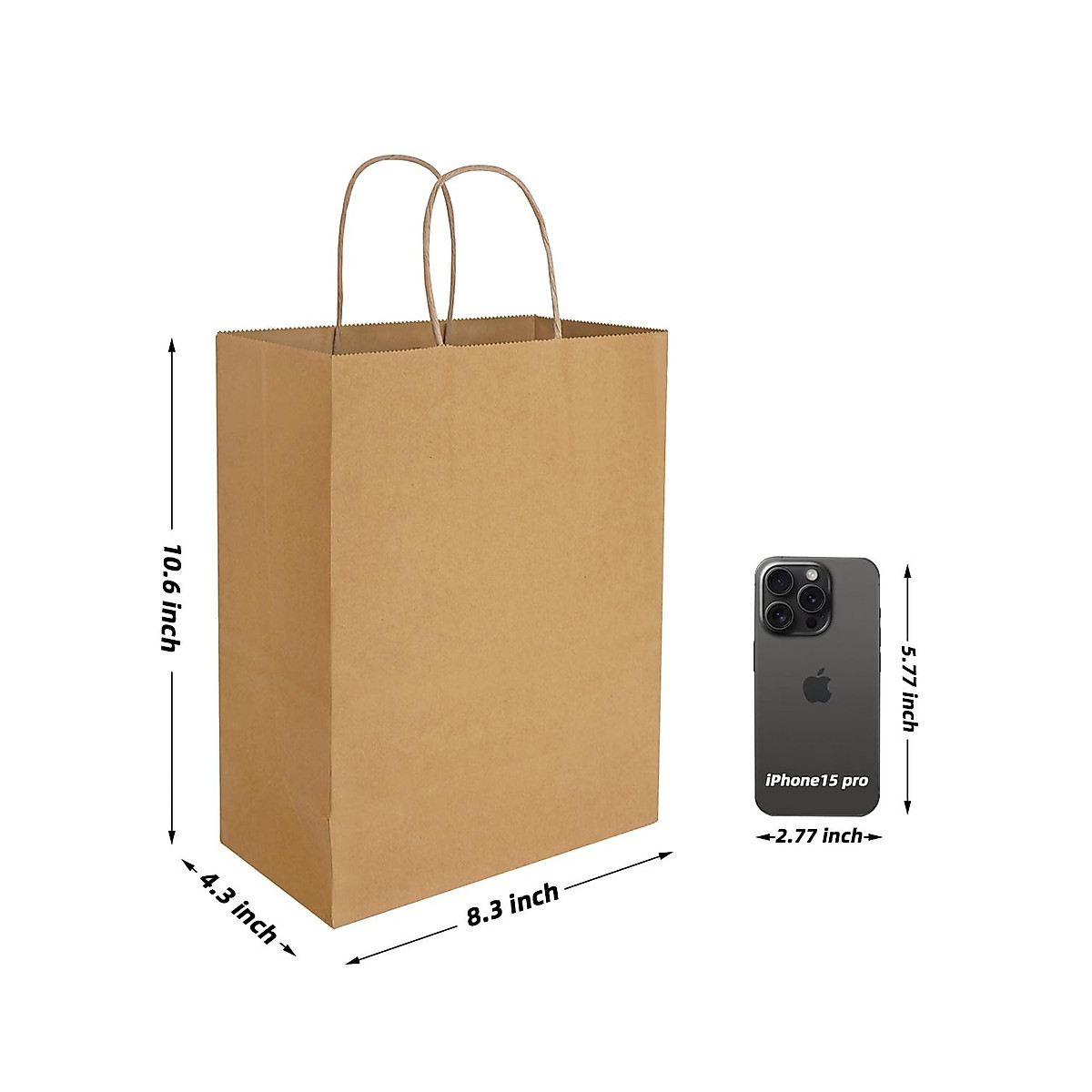 Colemoly Kraft Paper Bags 8.3x4.6x10.6 Inch 100Pcs Recyclable Brown Gift Bags with Handles for Retail, Boutiques, Corporate Gifting, Party Favors, and Small Business