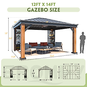 EROMMY 12'x14' Hardtop Gazebo, Galvanized Steel Top with Wood Grain Aluminum Frame, Permanent Metal Pavilion with Three-Layer Storage Shelves for Patio, Backyard, Deck and Lawns
