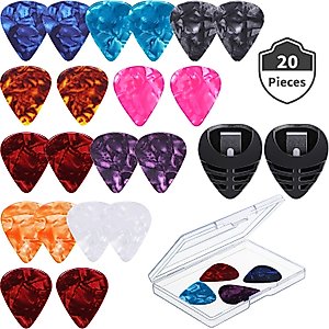 Guitar Picks & Guitar Picks Holder, 2 Black Stick-on Holders, 20 Pieces Guitar Picks, 1 Storage Case, Easy to Paste Suitable for Guitar/Electric Guitar/Bass/Ukulele (Colorful Celluloid Guitar Picks)