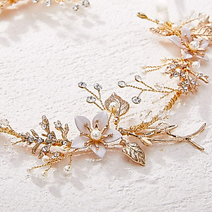 SWEETV Gold Wedding Headband Flower-Leaf Bridal Headpieces for Wedding Hair Accessories for Brides Crystal Pearl Hair Vine