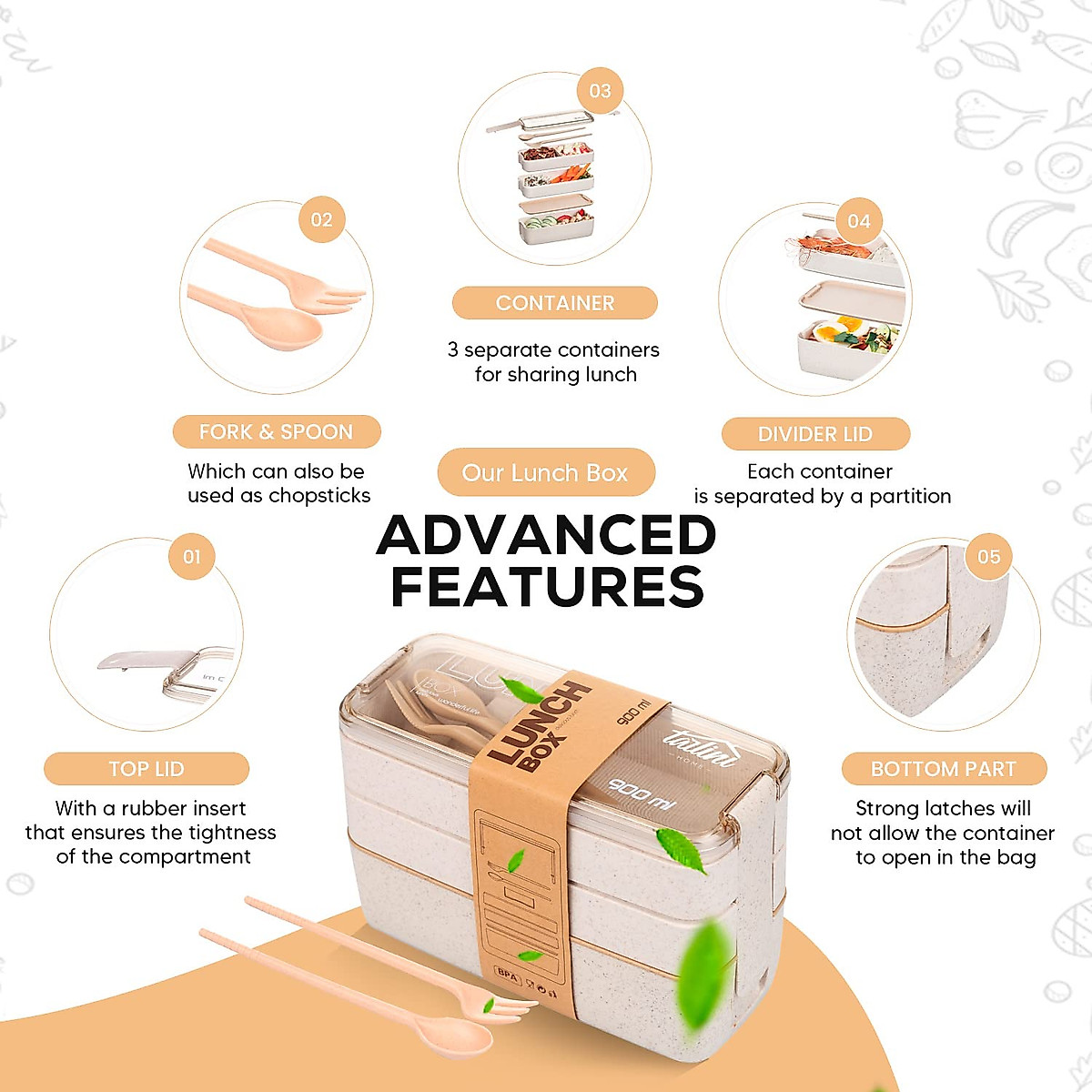 TARLINI | Premium Beige Bento Box for Adults - 3-Stackable Containers - Ideal for Work & On-The-Go - Includes Utensil Set - Eco-Friendly Design - Lunch Box Containers for Healthy Meal Prep | 35 oz