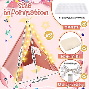 Windyun 2 Pack Kids Teepee Tent Bulk with Light String & Inflatable Airbed & Bedding Fitted Sheet, Natural Cotton Toddler Play Tent Washable Foldable Tent for Girls Boys Indoor Outdoor (Pink)