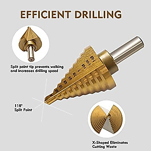 GMTOOLS 6 Pcs Step Drill Bit Set, High Speed Steel Unibit Drill Bits, Stepped Up Bits & Automatic Center Punch for Sheet Metal, DIY Lovers with Aluminum Caes, Total 50 Sizes for Multiple Hole