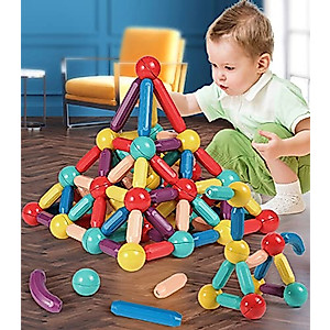 RITONS 64 PCS Magnetic Balls and Rods Building Sticks Blocks Set Vibrant Colors Different Sizes Curved Shapes Children Educational Stacking STEM Magnet Toys for Kids Age 3+