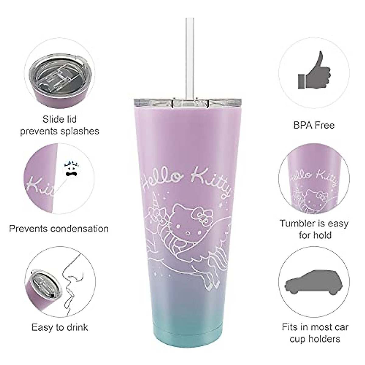 Zak Designs Sanrio Hello Kitty Vacuum Insulated Stainless Steel Travel Tumbler with Splash-Proof Lid, Includes Reusable Plastic Straw and Fits in Car Cup Holders (18/8 SS, 25 oz)