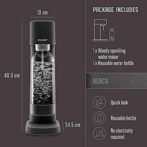 Mysoda Woody Sparkling Water Maker - Silent Carbonated Water Machine Made of Renewable Wood Composite and 1L Water Bottle - Without CO2 Cylinder - Seltzer Maker Machine - Colour Black
