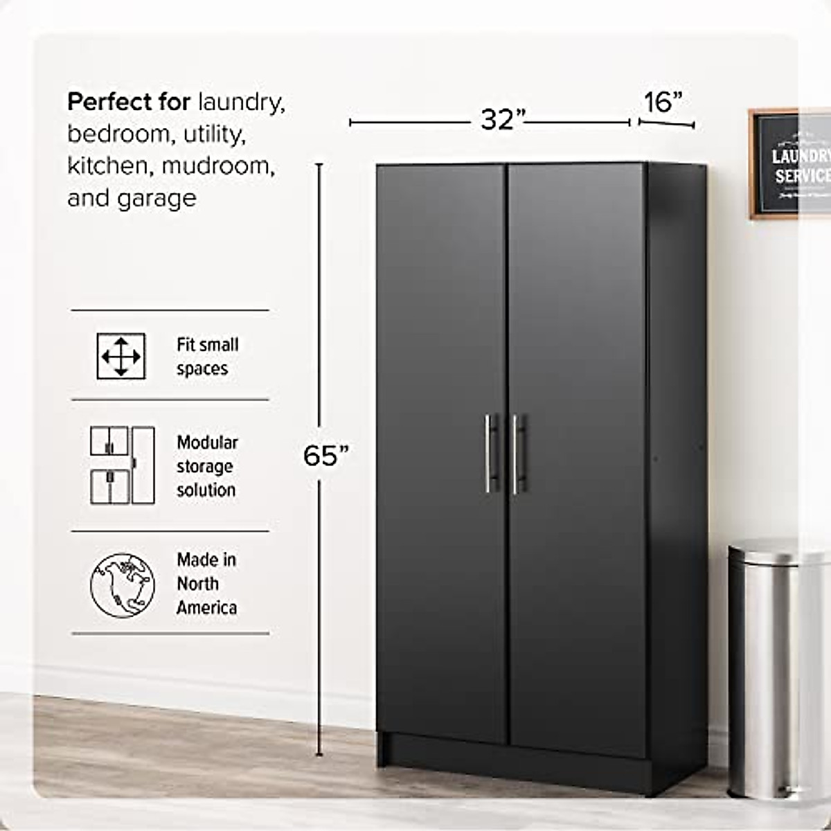 Prepac Elite Functional Tall Shop Cabinet with Adjustable Shelves, Simplistic Freestanding 2-Door Garage Cabinet 16" D x 32" W x 65" H, Black, BES-3264