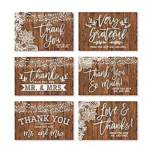 24 Rustic Wedding Thank You Cards With Envelopes, Elegant Bridal Shower Thank You Note From The New Mr. & Mrs. Newlywed Faux Wood Gratitude Supplies, 4x6 Personalized Bulk So Grateful Stationery