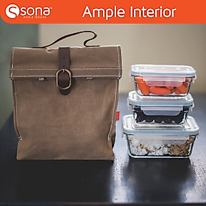 S SONA HOME GOODS Waxed canvas lunch bag, ecofriendly, reusable, brown, for women or men. The perfect large heavy duty lunch box for meal prep, work, or travel.