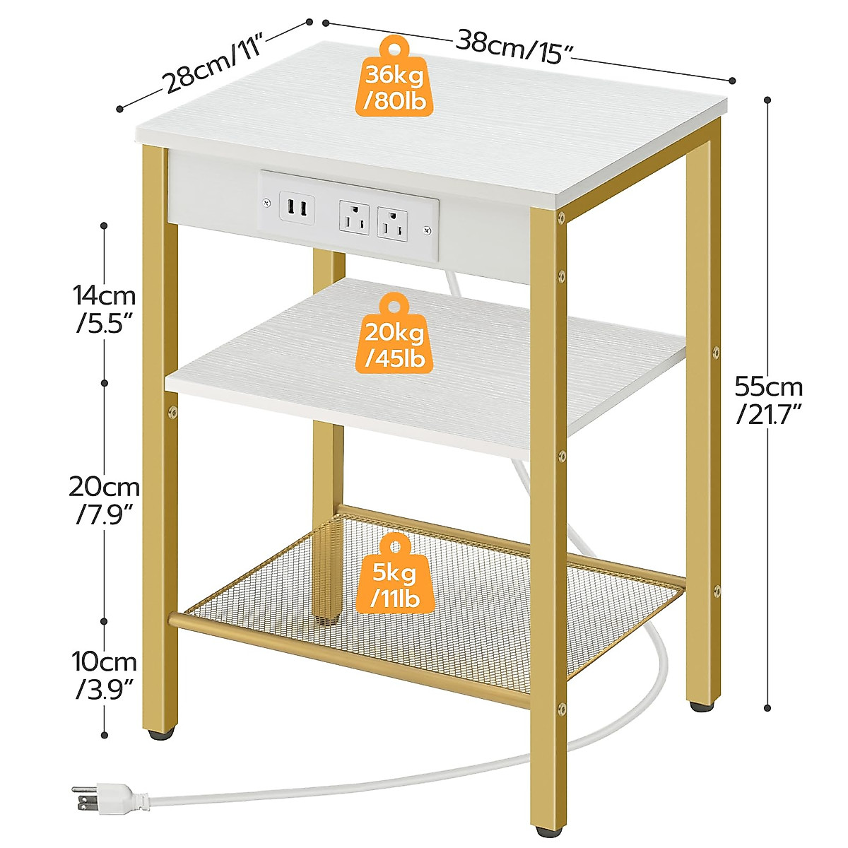 HOOBRO End Table with Charging Station and USB Ports, 3-Tier Nightstand with Adjustable Shelves, Small Side Table for Small Space in Living Room, Bedroom and Balcony, White and Gold DW112BZ01G1