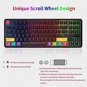 NACODEX K870T TKL Wired/Wireles RGB Mechanical Keyboard | Tenkeyless Bluetooth Keyboard with Volume Wheel Design | 10PCS Mixed Color Keycaps, Up to 3 Devices for Office Gaming (Blue Switch)