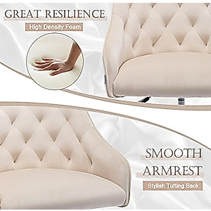 Baysitone Velvet Home Office Desk Chair, Modern Swivel Task Armchair with Adjustable Height, Upholstered Tufted Accent Computer Chair for Home and Office Working or Studying, Beige
