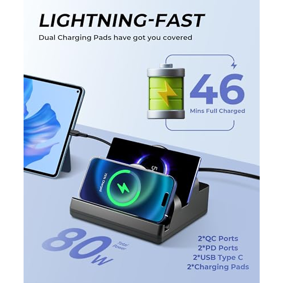 FORYOU Charger Station Wireless Charger Phone with QC/PD Ports, 8 in 1 Fast Charging Pad Wireless Phone Charger for iWatch/Airpods/Samsung/Android/iPhone 14 13 12 for Travel Essentials