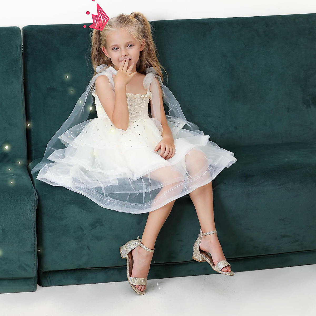 Athlefit Girls Sandals Open Toe Ankle Strap Low Heels Girl Dress Shoes For Toddler Little Big Kid Gold Glitter Size 1