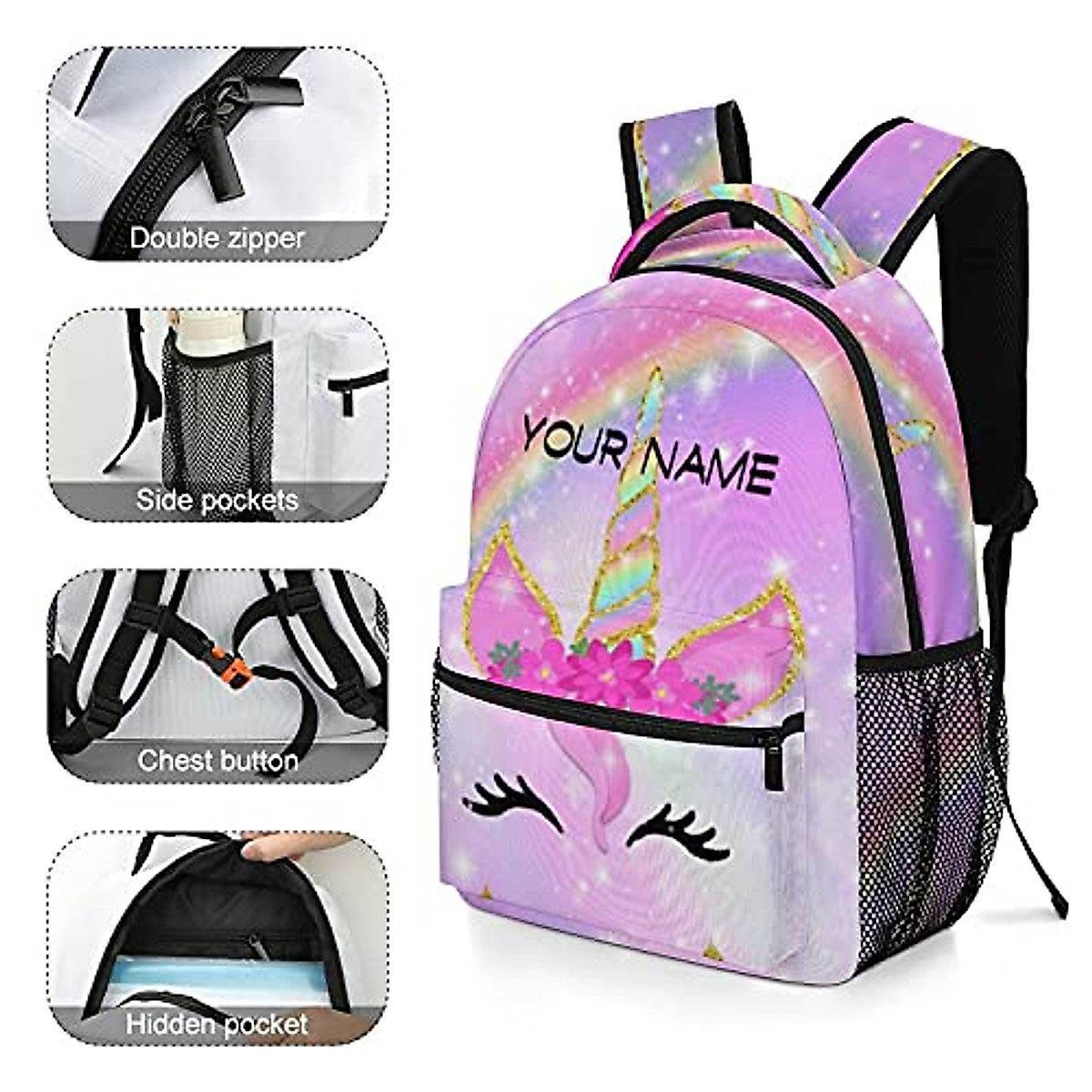 Custom Kid's Backpack, Pink Unicorn Rainbow Personalized Backpack Add Your Name, Customization Backpack for Boys Girls Student