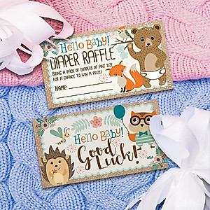 Diaper Raffle Tickets - Woodland Animals Card, Cute Fun Animals and Colorful Baby Shower Games Raffle Sign and Ticket, Gender Neutral, Baby Party Decorations, Set of 50 Double Sided Raffle Cards