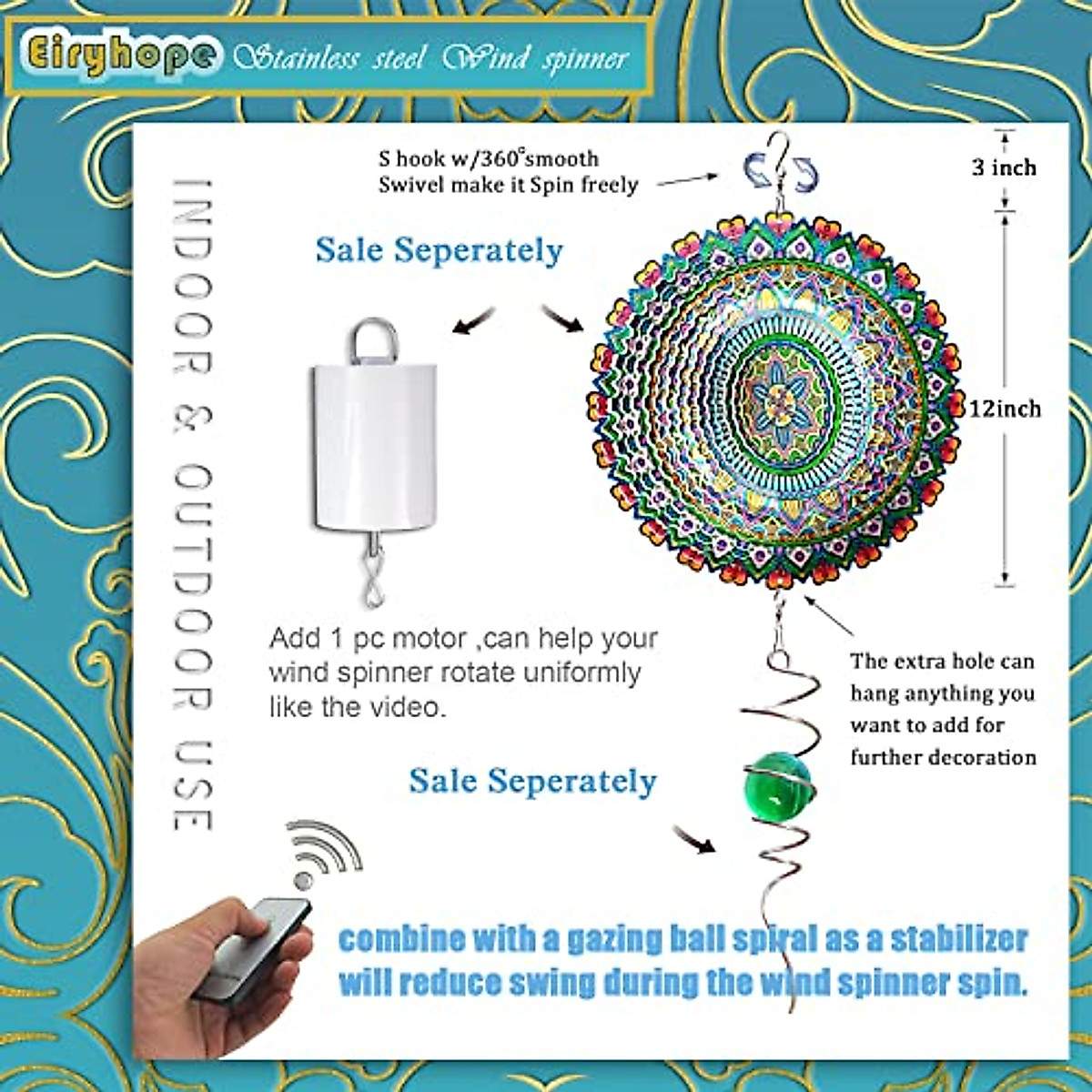 Eiryhope 12" 3D Mandala Stainless Steel Wind Spinner for Garden