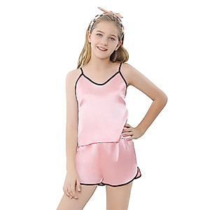 Schbbbta Pajamas for Girl Silk Sleepwear Satin Cami Shorts Matching Pj Set Nightwear, F Pink, 11-12 Years = Tag 160