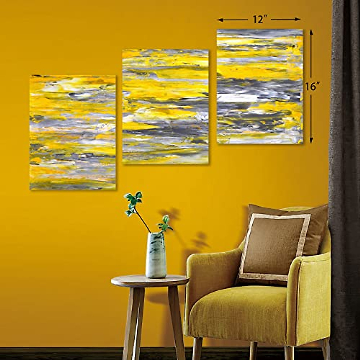 Kaupuar Canvas Wall Art Abstract,Yellow Wall Art Paintings for Bedroom Living Room Office Home Decoration Modern Canvas Artwork Wall Decor Ready to Hang 12''x16'', 3 Pieces
