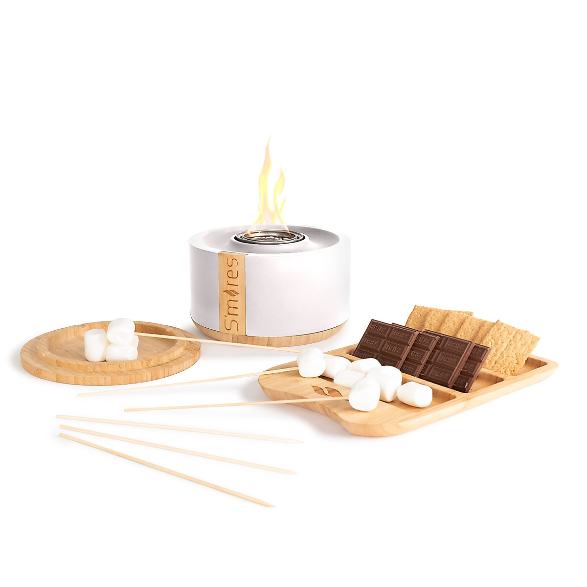 TerraFlame Portable Indoor and Outdoor Smoke Free Clean Burning Gel Fuel S'mores Roaster Tabletop Gift Set with Bamboo Tray - White