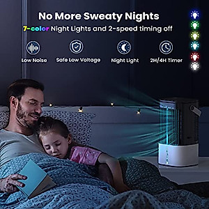 Portable Air Cooler Fan - Mini Desktop AC Cooler Fan with 2 Cool Mist & 3 Speeds, 7 Night LED Light & 3 Timer - Personal Air Conditioners Fan with Humidifier for Office, RV, Camping, Dorm Room