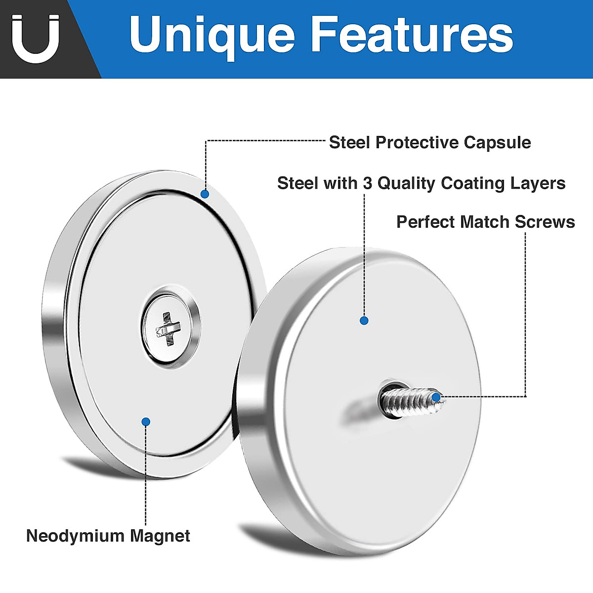 E BAVITE Neodymium Cup Magnets, Rare Earth Magnets with Heavy Duty, Hold up to 110 Lbs, Cup Magnet with Countersunk Hole and Stainless Screws for Kitchen, Craft, Office and So on – Pack of 12