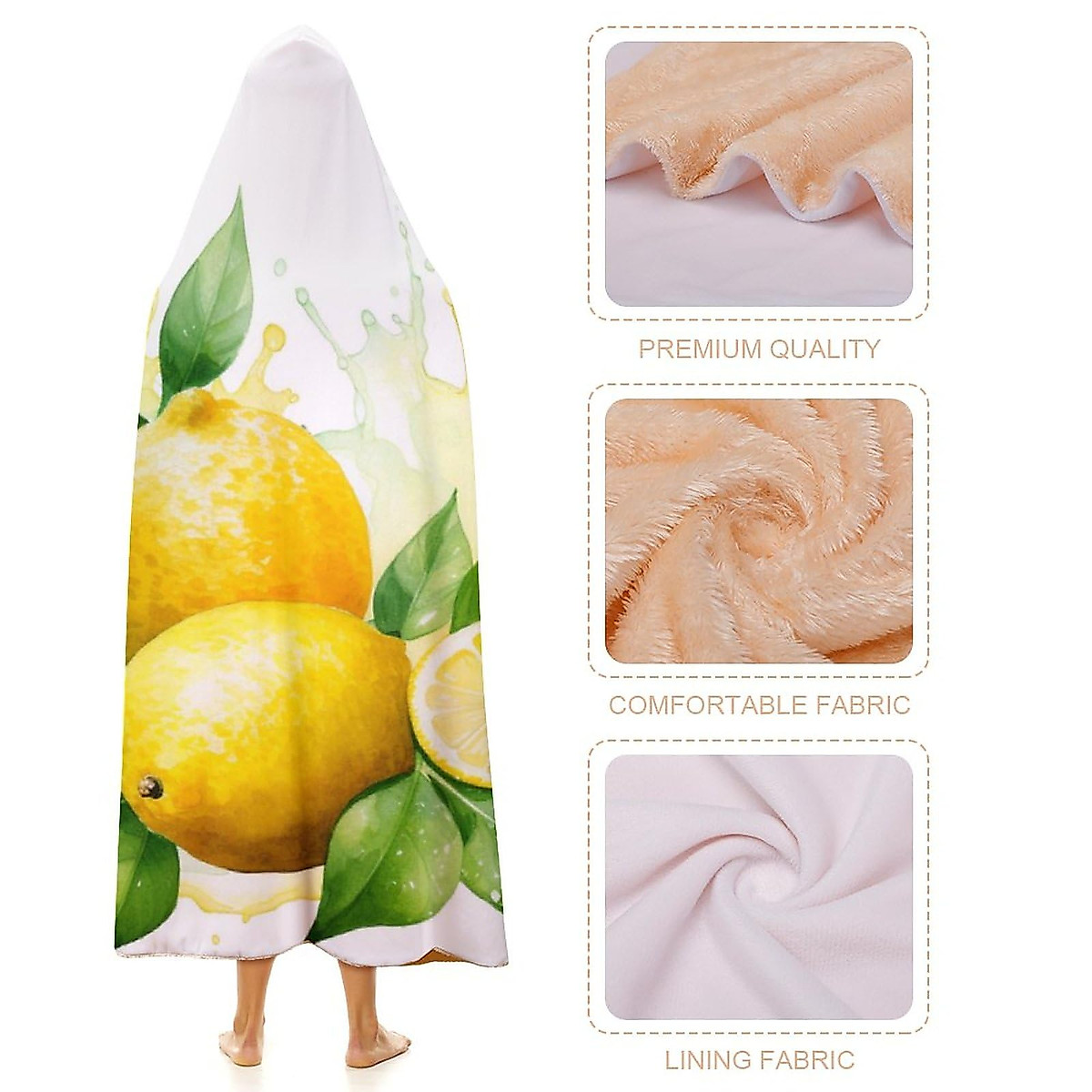 Watercolor Lemon Fruit Hooded Blanket Summer Fresh Fruit Big Hug Fleece Hooded Blanket for Adult And Kids Women Men Hooded Blanket for Couch Travel 40"x50" Soft Wearable Blanket Hooded Throw