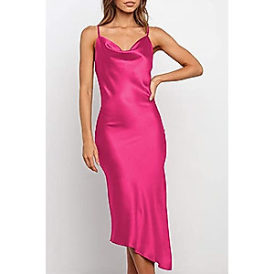 PRETTYGARDEN Women's Satin Dress Sleeveless Spaghetti Strap Side Slit Cowl Neck Midi Bodycon Dresses (Rose Red,Small)