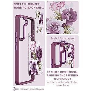 Dretal for Samsung Galaxy S22 5G Case Floral, Military Grade Drop Tested Hard Back & Soft Edge Slim Flower Women Girls Phone Protective Cover + Tempered Glass Screen Protector for Galaxy S22 (Purple)