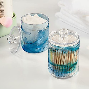 ALAZA 2 Pack Qtip Holder Dispenser Teal Turquoise Marble Bathroom Organizer Canisters for Cotton Balls/Swabs/Pads/Floss,Blue Marble Plastic Apothecary Jars for Vanity