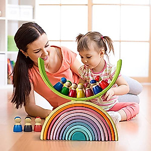 TEKOR 35 Pcs Wooden Rainbow Stacking Toy Set, Montessori Building Blocks for Toddler Girl Boy, Stacker Puzzle Educational Preschool Gifts for Kids, Semi-Circle, Stacking Blocks, Little Peg Dolls