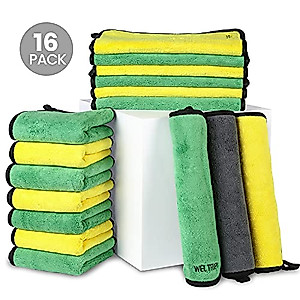 yantu Plush Microfiber Car Drying Towel 24” x 12” (16 Pack) Multipurpose Edgeless Cleaning Towel for Household, Auto Washing, Car Drying, Detailing (Yellow+Green)