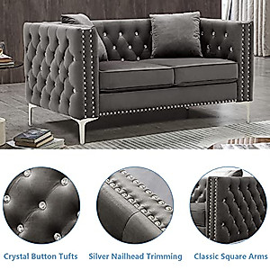 mikibama Velvet Loveseat with Jeweled Buttons and Square Arms 59 Inch Tufted Sofa with Trimmed Nailhead and Metal Legs Loveseat Couch with 2 Pillows for Living Room, Bedroom and Office (Gray)
