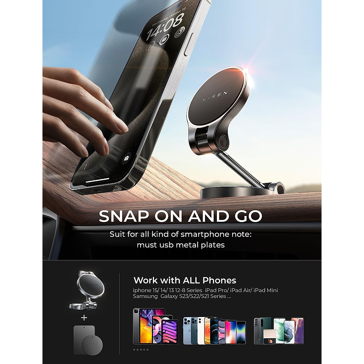 LISEN Magnetic Phone Mount, Folding Car Magnetic Phone Holder for Car 360° Rotatable Dash Cell Phone Holder Car Easily Install Hands Free Car Phone Holder Fits for All Smartphones & Tablet