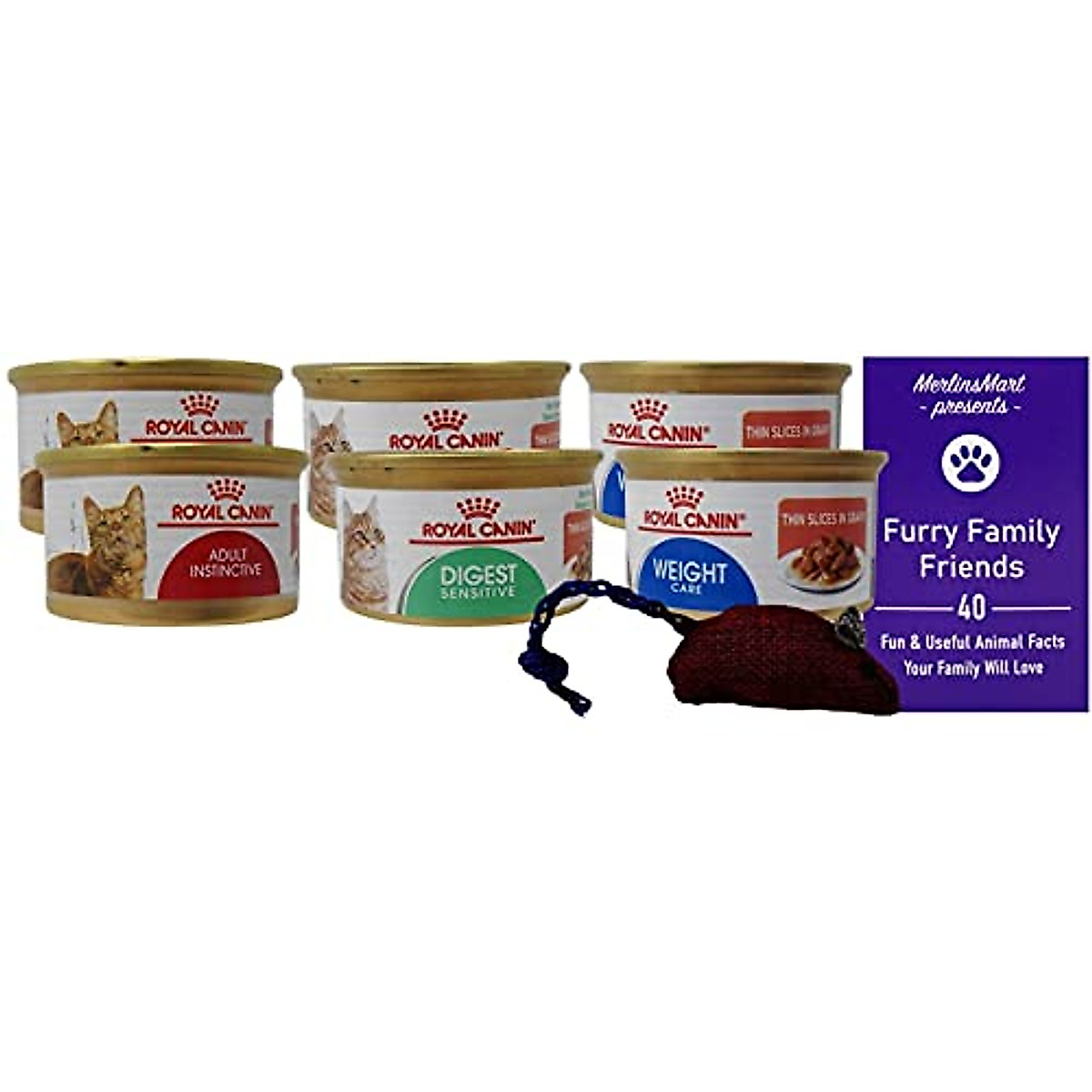 Royal Canin Slices in Gravy Cat Food 3 Flavor 6 Can Sampler, (2) Each: Adult Instinctive, Digest Sensitive, Weight Care (3 Ounces) - Plus Catnip Toy and Fun Facts Booklet Bundle