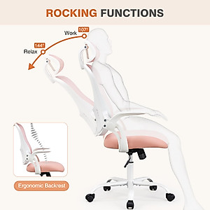 Sweetcrispy Office Computer Desk Chair, Ergonomic High-Back Mesh Rolling Work Chairs with Wheels and Adjustable Headrests, Comfortable Lumbar Support, Comfy Flip-up Arms for Home,Bedroom,Study, Pink