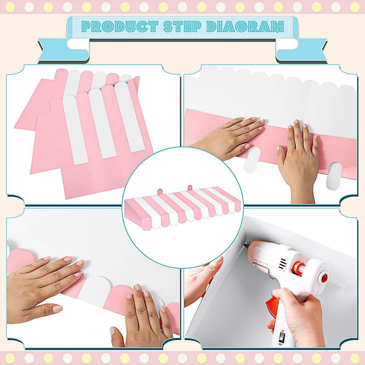 4 Pack Circus Awning Decoration 3D Awning Wall Decorations Carnival Tent Mardi Gras Circus Theme Party Decorations Carnival Stand Decor for Carnival Party Favors (Pink and White)