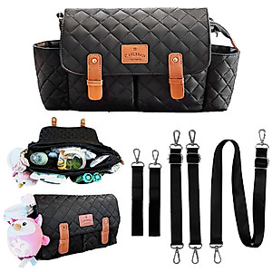 Carlsbad Linen Company Stylish Black Quilted Nylon Universal Stroller Caddy Organizer Cup Holder and Insulated Bottle Pouch 3 Strap Options Included Loose Fit Stable Velcro And Over the Shoulder
