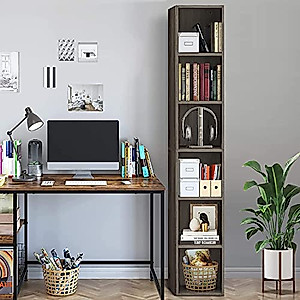 HOFFREE 6-Tier Narrow Bookcase Tall Wood Bookshelf Cabinet Cube Organizer Book Shelves Display Storage Shelves Rack for Small Spaces Home Office Living Room - Oak