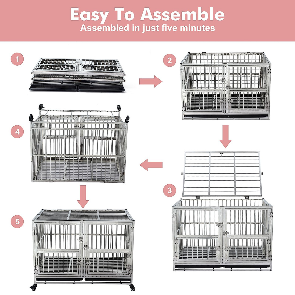 38" Heavy Duty Indestructible Dog Crate Steel Escape Proof Dog Cage Kennel for Small Medium Large Dogs Indoor Double Door High Anxiety Dog Crate with Wheels, Lock& Removable Tray, Silver (38 Inch)