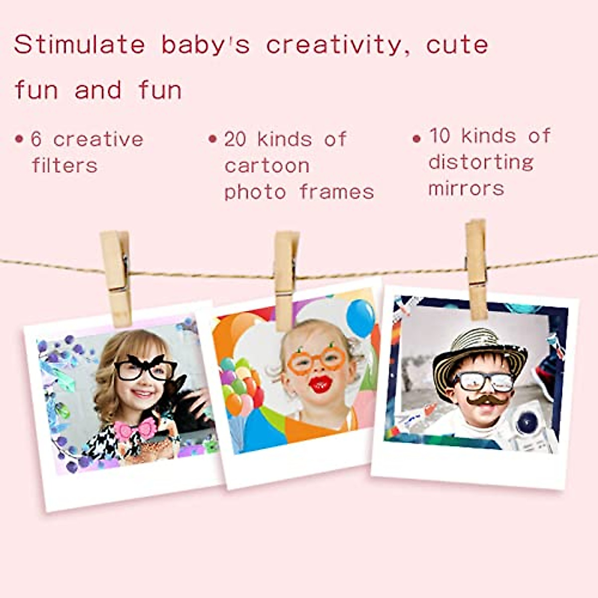 SALUTUY Kids Camera, 15 Frames Cartoon Digital Camera Anti Skid for Gift for Timing Playback Games, Photo Sticker(Pink)