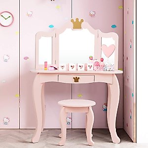 MAT EXPERT Kids Vanity Table & Stool, Princess Makeup Dresser w/Removable Tri-Folding Crown Mirror, 2 in 1 Wooden Kids Girl Vanity w/Drawer, Princess Pretend Play Makeup Dresser Gift (Pink)