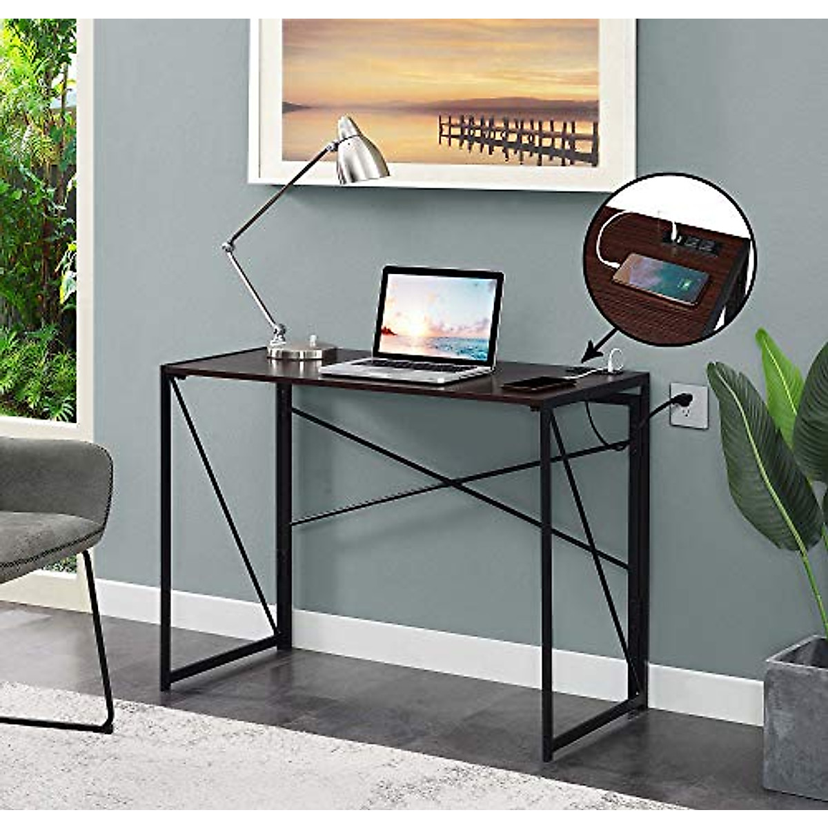 Convenience Concepts Xtra Folding Desk with Charging Station, Espresso/Black