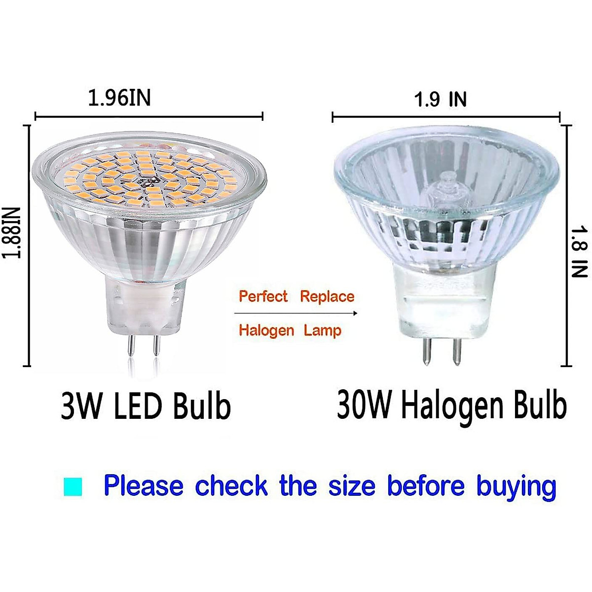 MR16 LED Light Bulbs(4 Pack)-380lm 60LEDs 2835 SMD 3W AC/DC 12V 3000K Warm White,30W Halogen Bulb Equivalent,GU5.3 Bi-Pin Base,Not Dimmable, for Landscape,Recessed Spotlight,Track Lightin