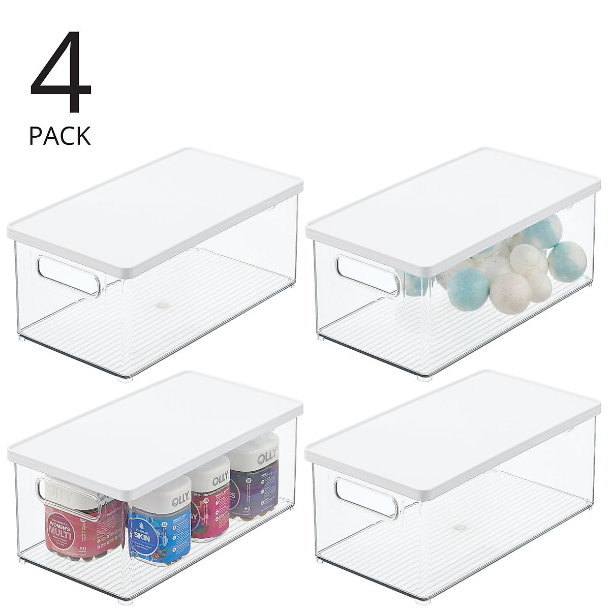 mDesign Plastic Storage Bin Box Container, Lid, Built-in Handles, Organization for Makeup, Hair Styling Tools, Accessories in Bathroom Cabinet, Cupboard Shelves, Ligne Collection, 4 Pack, Clear/White