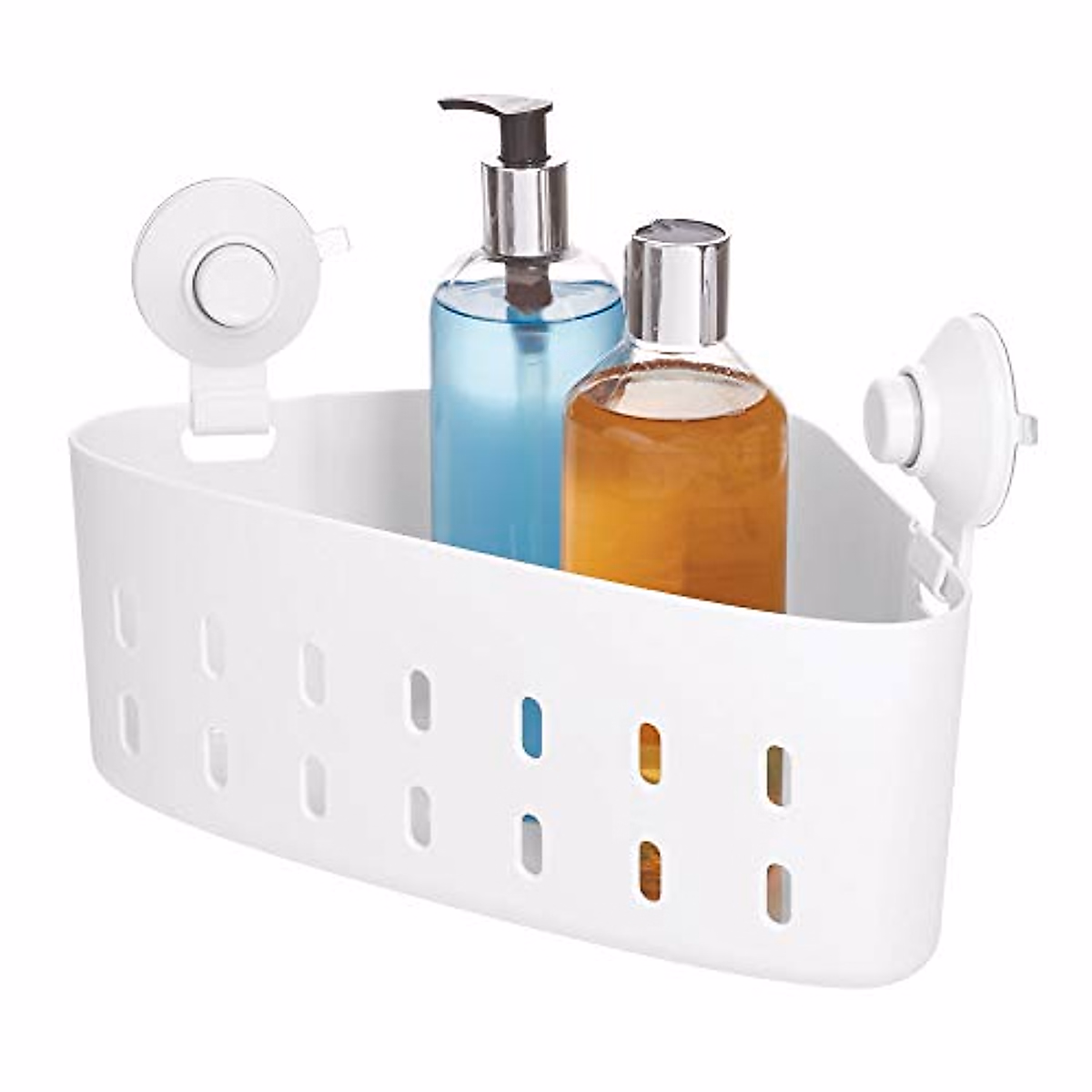 iDesign Cade BPA-Free Plastic Corner Storage Organizer 2 Push Lock Cups for Bathroom Shower/Tub, 7.52" x 12" x 7.32", Suction Basket