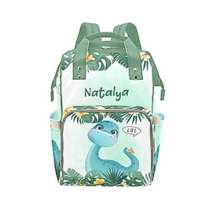 Liveweike Cute Dinosaur Personalized Diaper Bag Backpack Custom Name Daypack Large Mommy Bag for Teen Girl Boy Student